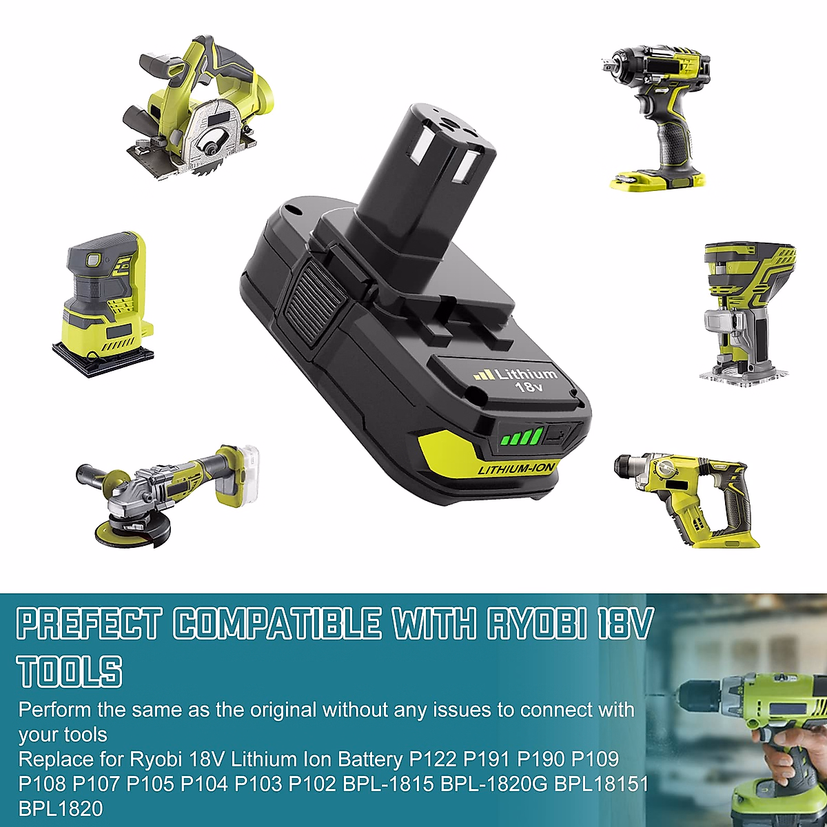 Ibanti P102 Replacement Battery for Ryobi 18V Battery P102 P103 P104 P105 P107 P108 P109 P122 Cordless Power Tools Compatible with Ryobi 18V Charger 2Packs 18V 3000mAh(Green)