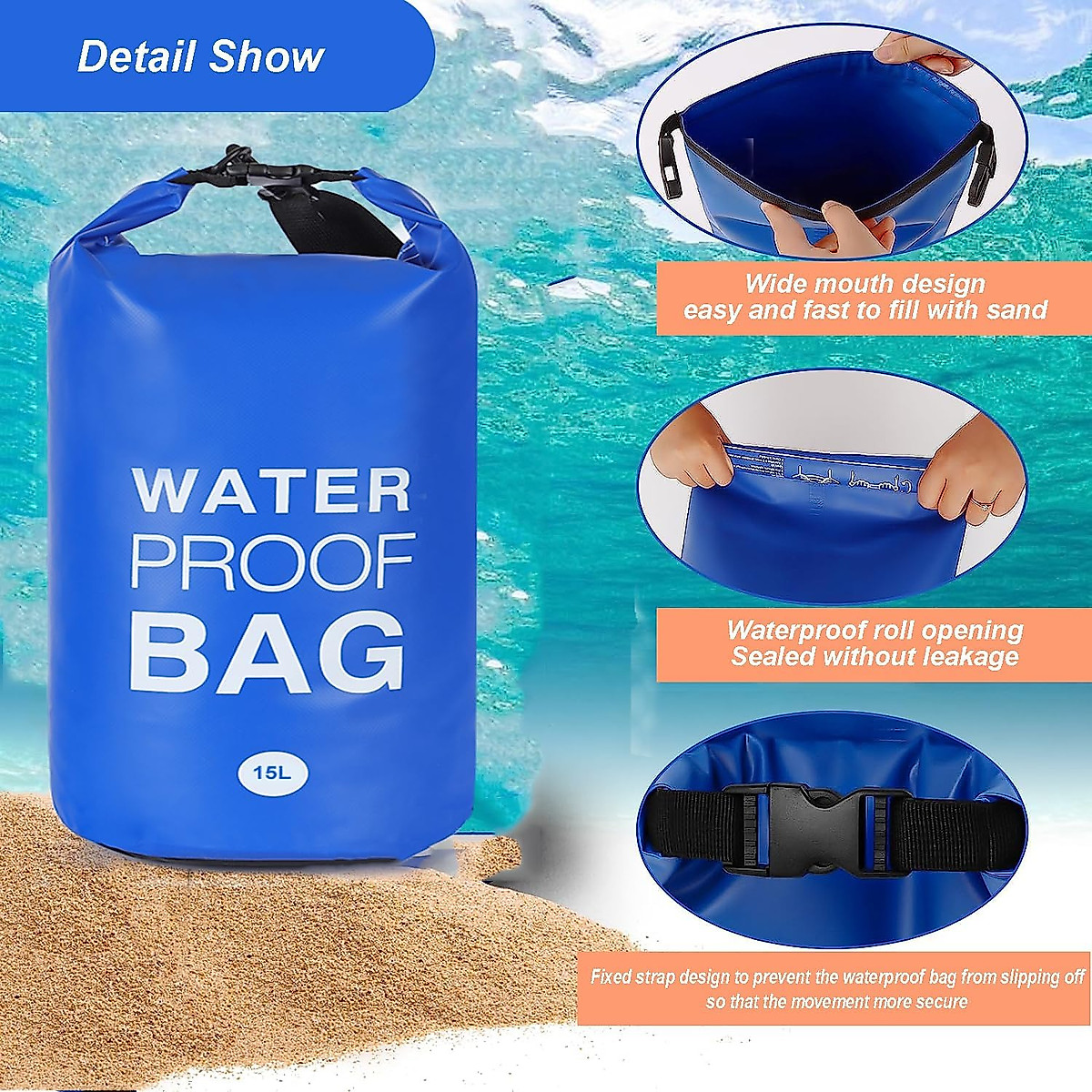 TWOZOZO Pool Ladder Weights 15L PVC Waterproof Dry Bag, Swimming Pool Ladder and Step Weight, Durable Sandbag Kayak Dry Bag Canoe Trip Bag, Work with Above-Ground/In-Ground Pool Steps(Lake blue)