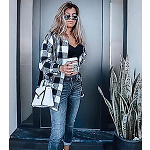 ZAFUL Women's Plaid Long Sleeve Shirt Button Down Wool Blend Thin Jacket Casual Blouse Tops with Pocket Black and White