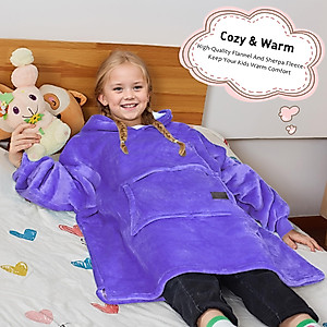 Solaris Wearable Blanket Hoodie for Kids - Warm Soft Gift, Oversized Cozy Sherpa Fleece Sweatshirt Pullover for Teens, Girls, Boys, Large Pocket, Purple
