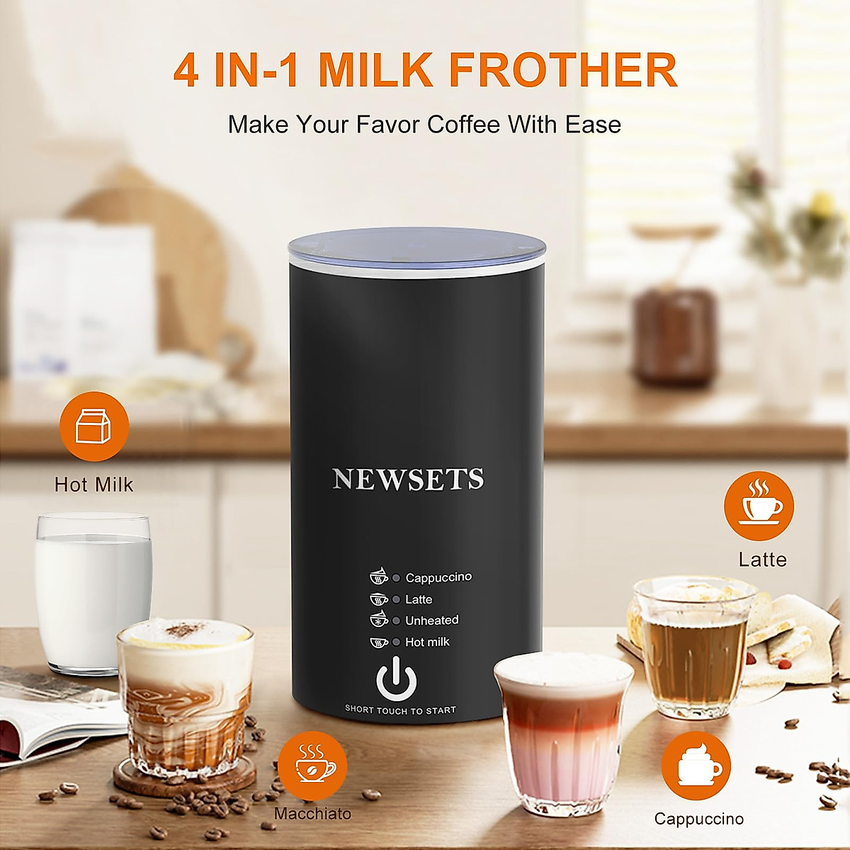 NEWSETS Single Serve Coffee Maker for K Cups and Ground Coffee, 4 in 1 Coffee Machine with Grinder and Milk Frother, 6 to 14oz Brew Sizes, 28oz Removable Water Reservoir, Self-cleaning Function, Black