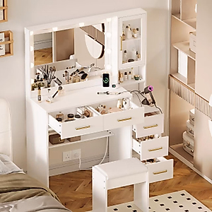 35.4" Makeup Vanity Desk with Charging Station, White Makeup Dressing Table with Mirror & Lights, 3 Lighting Modes Adjustable Brightness, Vanity Table with Power Outlet &5 Drawers Gold Handle