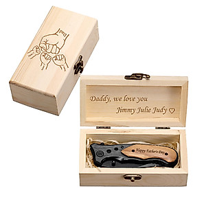 JulStar Personalized Engraved Pocket Knife with Wooden Box, Dad Gift, Grandpa Gifts, Dad Birthday Gift, Father Day Gift