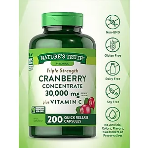 Cranberry Concentrate Plus Vitamin C | 30,000mg | 200 Quick Release Capsules | Non-GMO & Gluten Free Supplement | by Nature's Truth