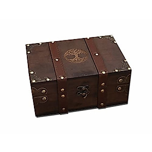 Gbrand 8.3" Wood and Leather Chest Box with Velvet Lining, Yggdrasil Tree of Life Engraved Wooden Box, Pentacle Wiccan Supplies and Tools Storage Box, Home Decor Box (Tree of Life)