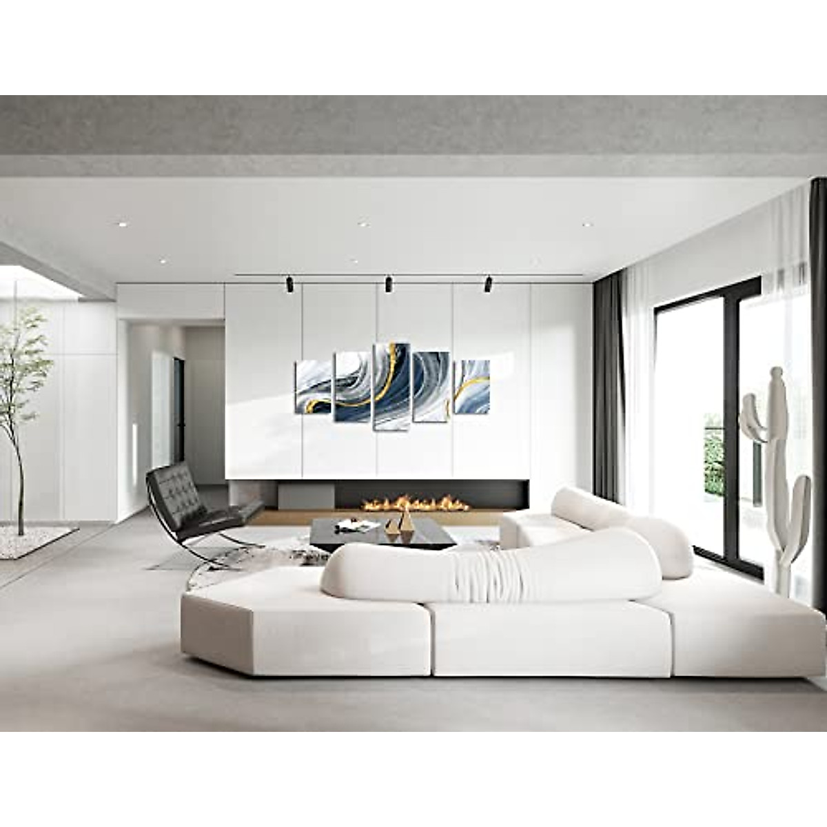 HW Hongwu Wall Art Canvas Abstract Print Picture 60x30 inch Blue Graffiti Paintings Gold Foil Line Artwork 5 Panels a Set for Living Room