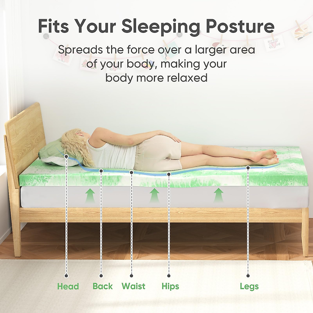 BedsPick Mattress Topper Twin XL, 2 Inch Gel Memory Foam Mattress Topper for Body Support & Pressure Relief, CertiPUR-US Certified Mattress Pad for Twin XL Size Bed with Breathable Holes, Green