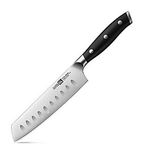 Klaus Meyer Stahl High Carbon Exclusive German Steel 5.5 inch Kitchen Chef Knife Ultra Sharp Santoku Knife, Japanese Chefs Knife (Black)