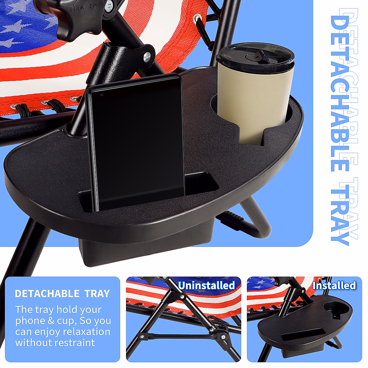 Colorsoul Zero Gravity Chair, Outdoor Adjustable Folding Reclining Lounge Chair, with Adjustable Sunshade, Head Pillow and Holder Tray, for Poolside Backyard and Beach (American Flag)