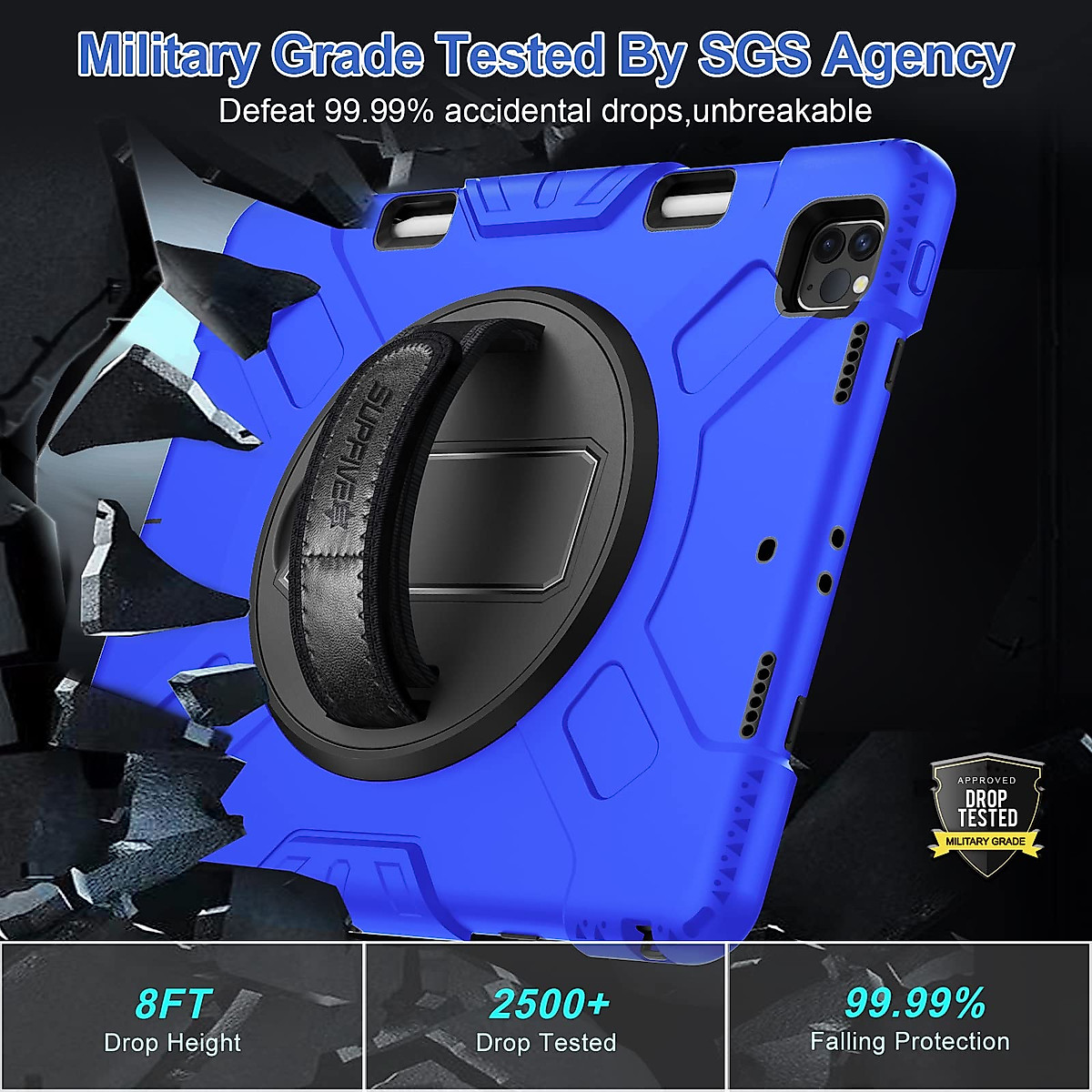 SUPFIVES Case for iPad Pro 12.9 Inch 2022: Upgraded Military Grade Shockproof Full Body Protective Cover with Stand-Pencil Holder-Shoulder Strap for iPad Pro 12.9 6th/5th Generation - Blue