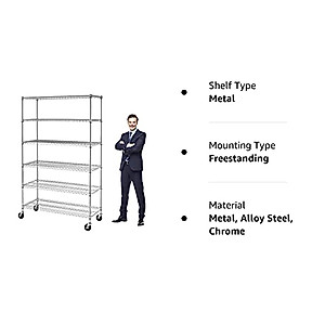 YRLLENSDAN 6000Lbs Capacity Adjustable Storage Shelves Heavy Duty Shelving Unit 6 Tier Metal Shelving with Wheels NSF Wire Shelving (48" W x 18" D x 72" H,Chrome)