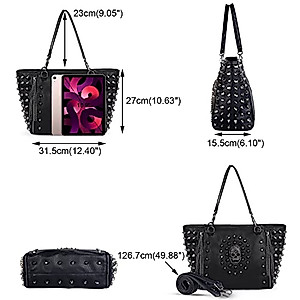 UTO Women Skull Tote Bag PU Washed Leather Rivet Studded Ladies Purse Shoulder Bag