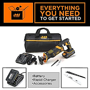 MOTORHEAD 20V ULTRA Cordless Reciprocating Saw, Lithium-Ion, Tool-Free Blade Change & Guard, 1” Stroke, 0-3000 SPM, Variable Speed Trigger, 2Ah Battery, Quick Charger, Bag, 2 Blades, USA-Based