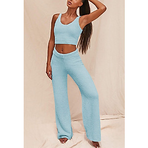 Fixmatti Women Lounge Set 3 Piece Fuzzy Fleece Crop Tops and Pants Open Front Cardigan Pajama Set Light Blue XL