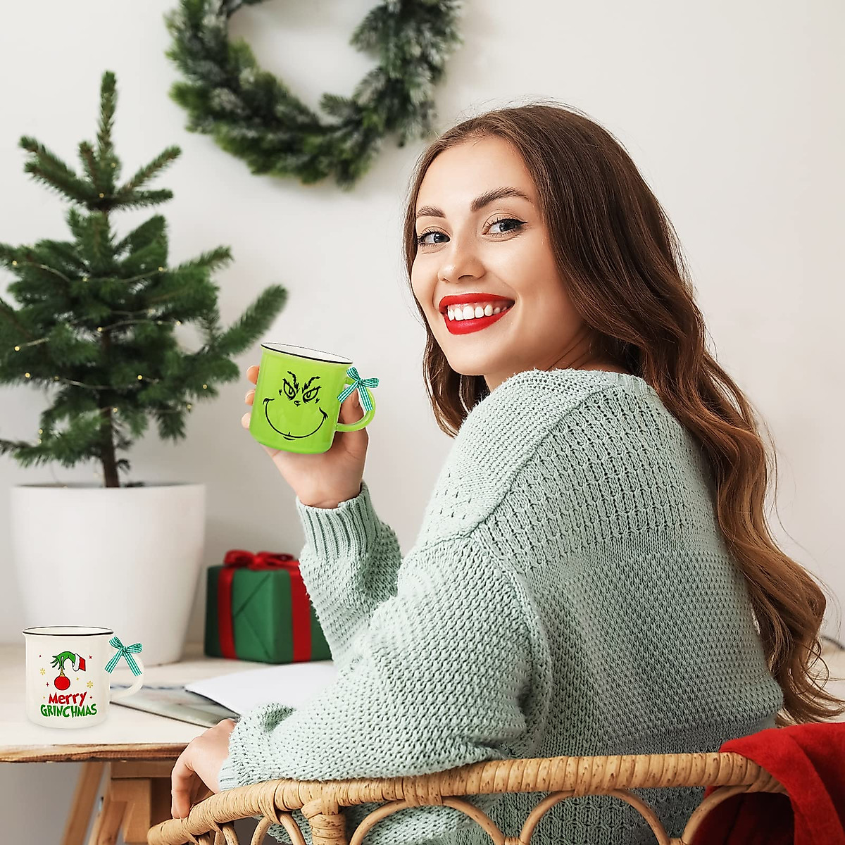 Whaline 4Pcs Christmas Mini Coffee Mug with Ribbon Tiered Tray Decor Green White Xmas Drinking Cups Gifts for Christmas Party Table Centerpieces Decorations Housewarming Gift