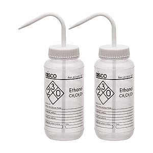 EISCO 2PK Wash Bottles for Ethanol, 500ml - Labeled with Chemical Information & Safety Information (1 Color) - Wide Mouth, Self Venting, Low Density Polyethylene - Performance Plastics Labs