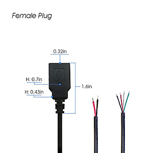 KSOPUERT 2Pcs USB A Female Plug to Bare Wire Open End Cable 3.3Ft(100cm) 5V 2.1A 2 & 4 cores Power and Data Transmission Pigtail Repair Tin on The Tail Cable Cord DIY Black