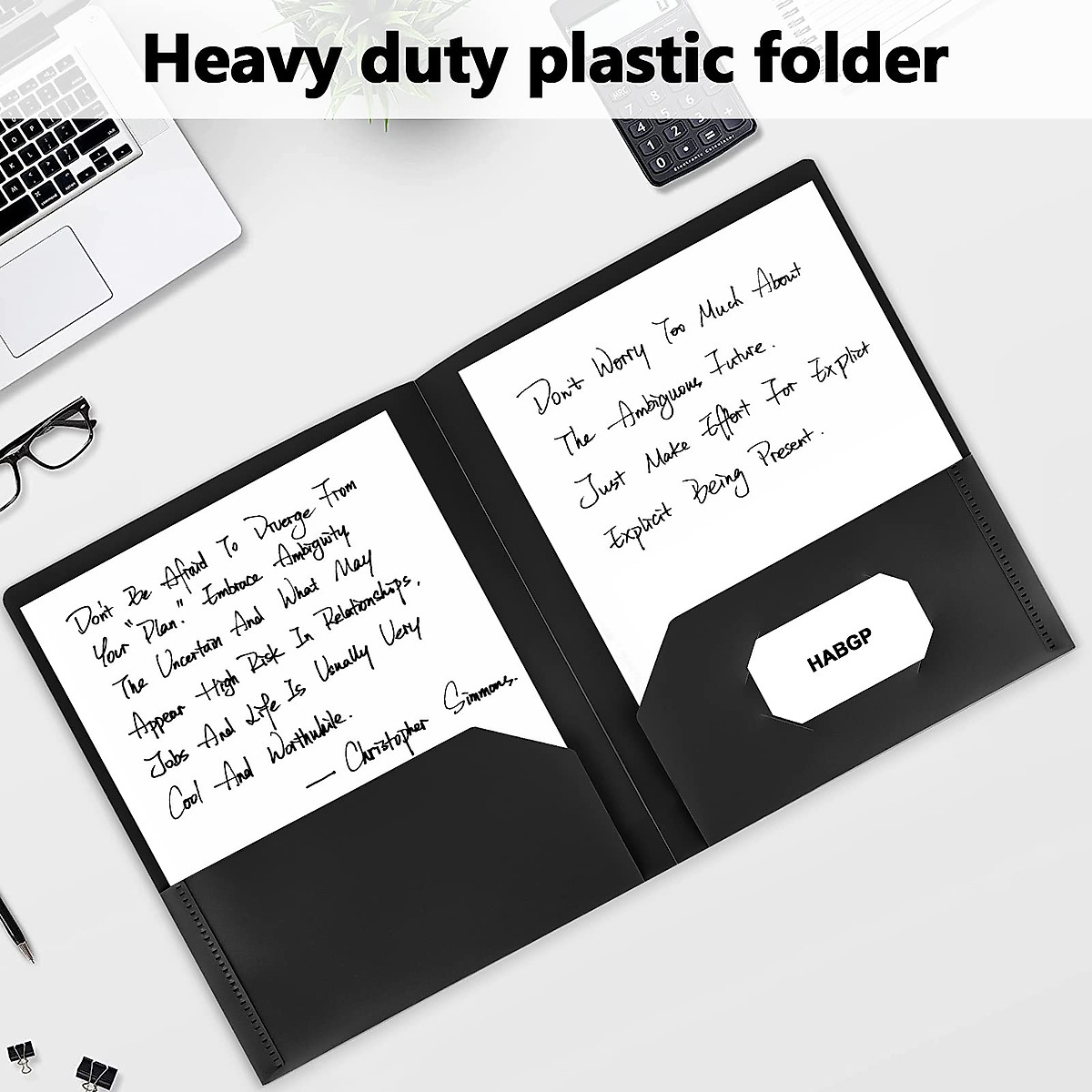 HABGP 6 Pack Black File Folders with Pockets and Business Card Slot, Letter Size Plastic 2 Pocket Folders for Documents, Office Filing Cabinet Folders, School Supplies for College Students