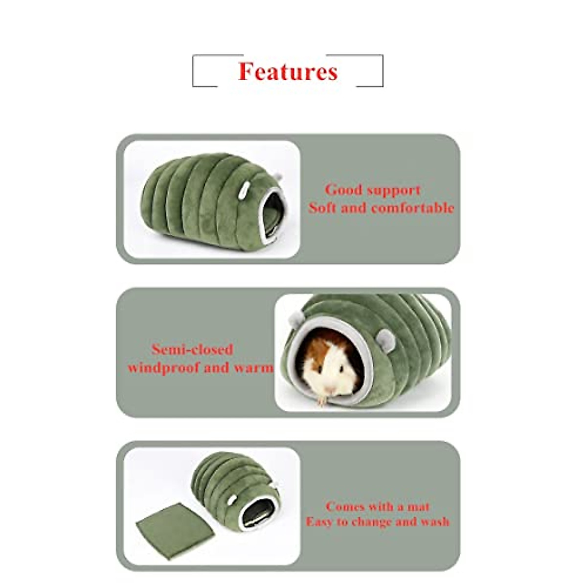 FOUUA Guinea Pig Bed, Hedgehog Hamster Hideout Warm House with Bed Mat, Cotton Caterpillar Shape Small Animals Habitat Supplies for Chinchilla, Hamster, Sugar Glider, Squirrel, Bearded Drago