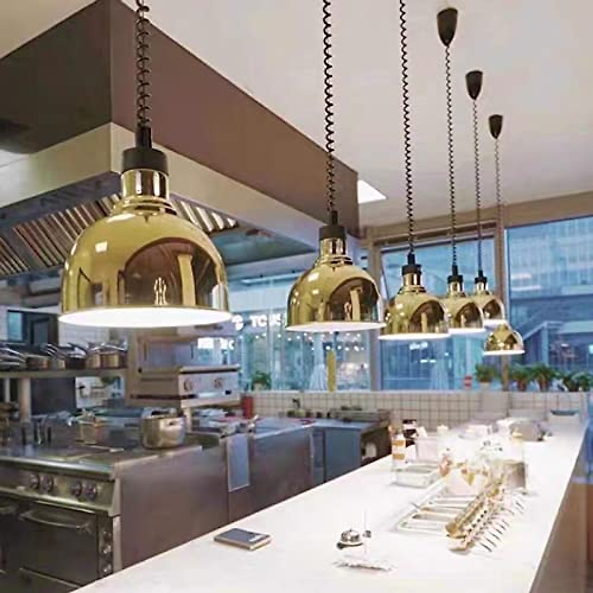 KOUWO 110V Food Heat Lamp Commercial Food Warmer Light Hanging Food Heating Lamps for Buffet,Kitchen,Restaurant,Catering (Gold)