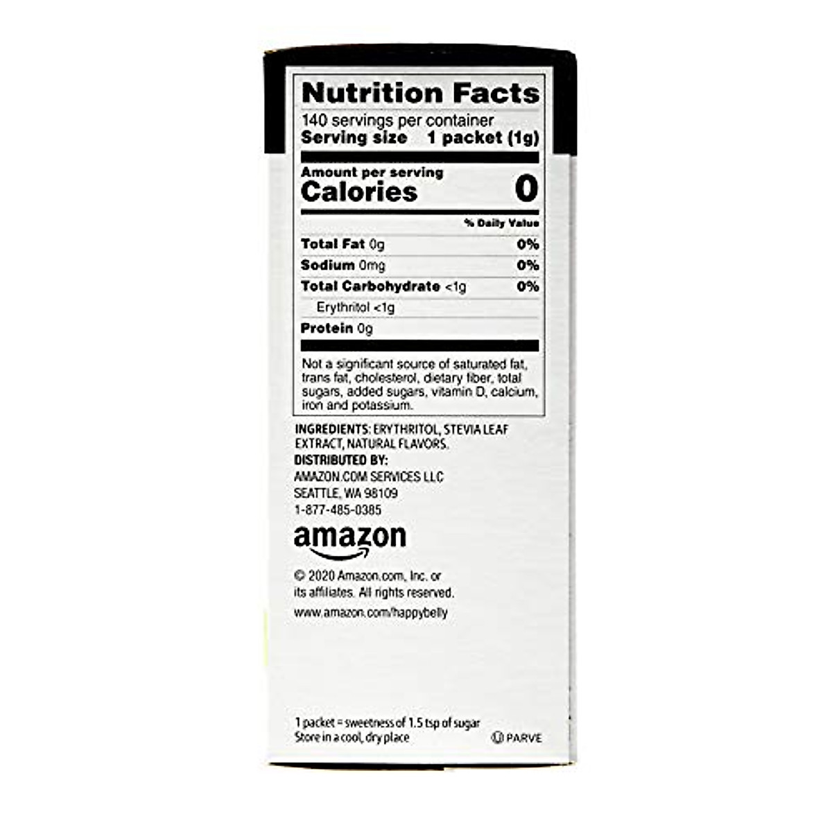 Amazon Brand - Happy Belly, Zero Calorie Stevia Sweetener powder, 140 Packet, 4.93 ounce (Pack of 1) (Previously Sugarly Sweet)