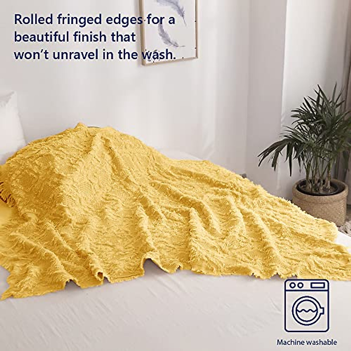 Simple&Opulence 100% Cotton Throw Blanket for Bed, Couch, Boho Textured Geometric Knit Woven Blanket with Tassels Soft, Lightweight Breathable Shabby Chic Farmhouse Decoration for All-Season(Yellow)