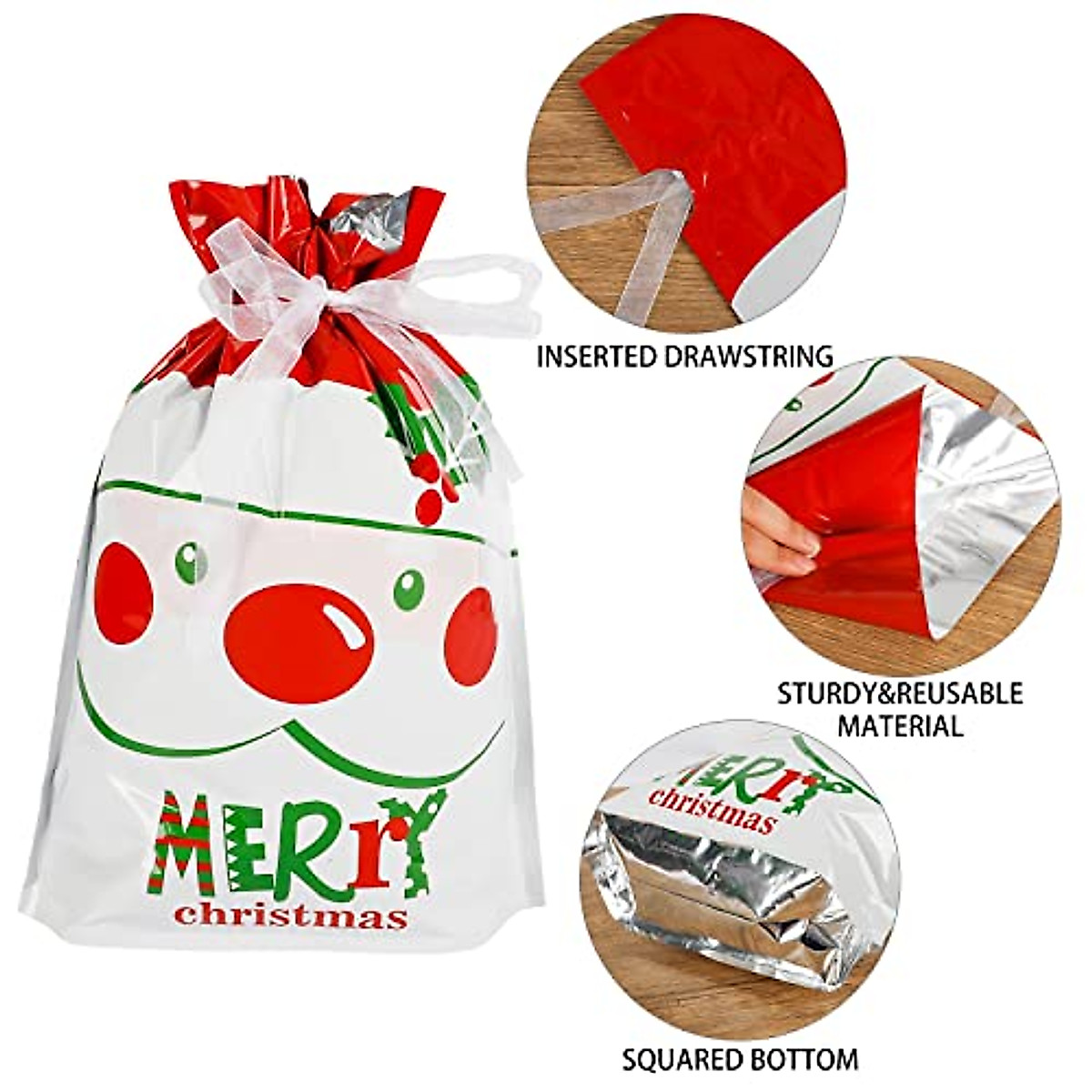 Bowount Christmas Drawstring Gift Bags 43pcs Assorted Sizes Christmas Bags Wrapping Sacks Pouches Santa Goody Bags with Squared Bottom in 4 Sizes and 8 Designs for Xmas Holiday Presents Party Favor