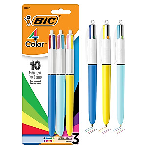 BIC 4-Color Original and Fashion Retractable Ball Pens, Medium Point (1.0mm), 3-Count Pack, Retractable Ball Pen With Long-Lasting Colorful Ink
