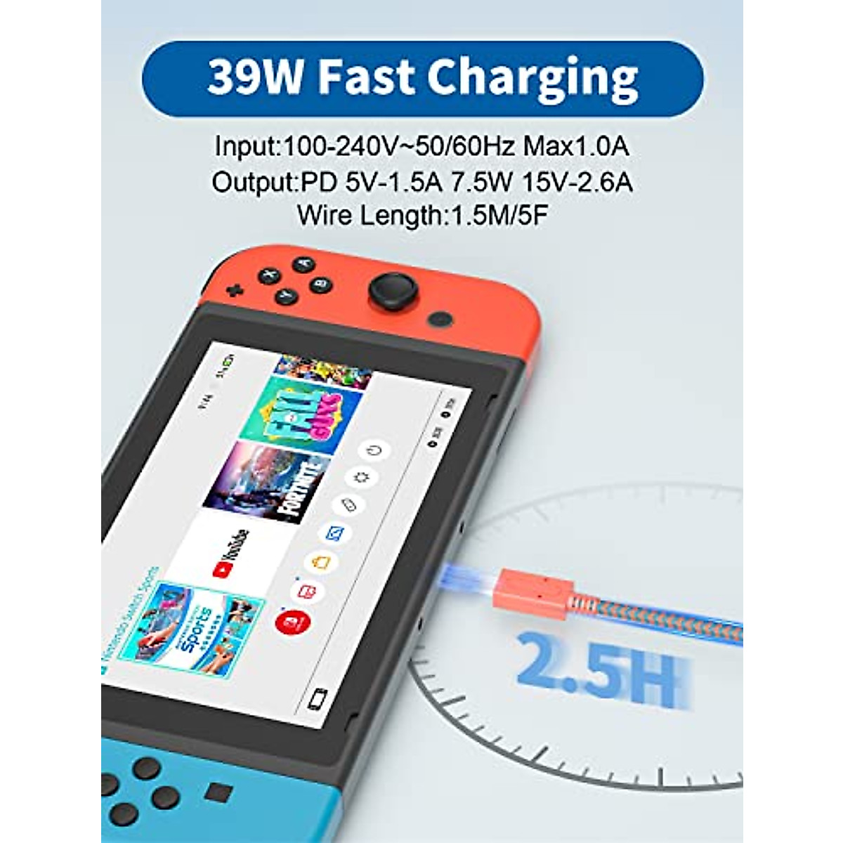 Switch Charger AC Adapter Power Cord Portable Power Supply Accessories for Nintendo Switch: Switch Lite Switch OLED Fast Charger Support Nintendo Switch TV Dock Mode AC 15V 2.6A