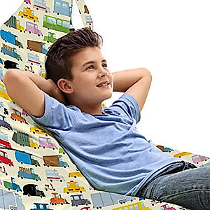 Ambesonne Cartoon Lounger Chair Bag, Funny City Traffic Jam Diverse Transports Cars Trucks Bus Autos, High Capacity Storage with Handle Container, Lounger Size, Cream and Multicolor