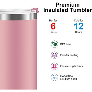 20 oz tumbler with handle, Lids and Straw, insulated Stainless Steel Coffee Mug, Keeps Drinks Cold up to 12 Hours, Fits in Car Cup Holder, 100% Leakproof, Iced Tea or Coffee, Smoothie(Candy Pink)