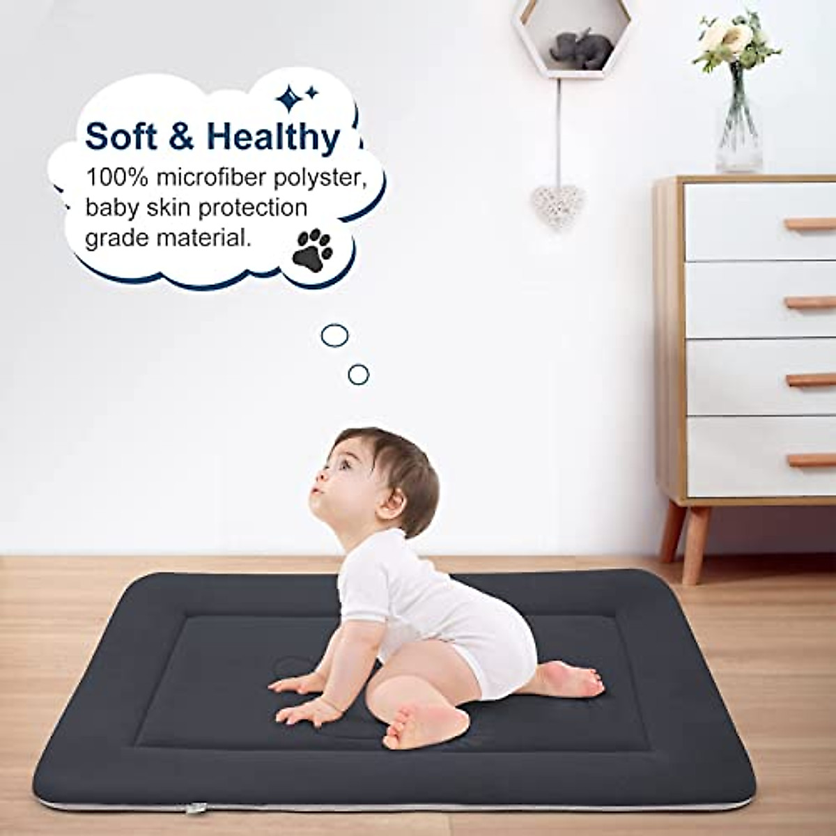 Hero Dog Large Dog Bed Crate Pad Mat Cute Paw Pet Beds for Dogs, 42-Inch Washable Dog Sleeping Mattress with Anti Slip Bottom, Dark Grey L