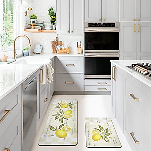 Lemon Kitchen Rug Set of 2 Buffalo Plaid Anti Fatigue Non-Slip Kitchen Mats Yellow Comfort Standing Mat Waterproof Farmhouse PVC Carpet for Kitchen Laundry Office Sink (17.3" x28" + 17.3" x 47")