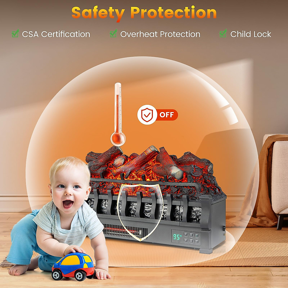 Tangkula 26” Electric Fireplace Log Set Heater with Remote, 5 Flame Modes & Brightness, Thermostat Control, 8H Timer, Realistic Lemonwood Ember Bed, Infrared Quartz Electric Fireplace Insert, 1500W