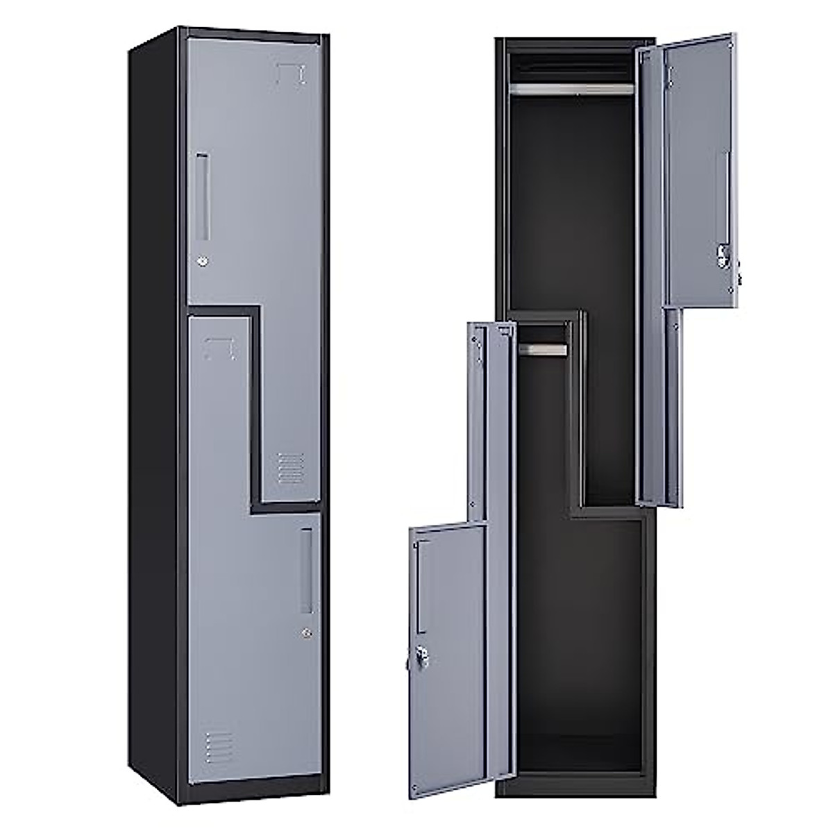 BYNSOE Metal Locker L Shape with 2 Doors Employees Locker Storage Cabinet Locker School Hospital Gym Locker Requires Assembly (Black Grey)