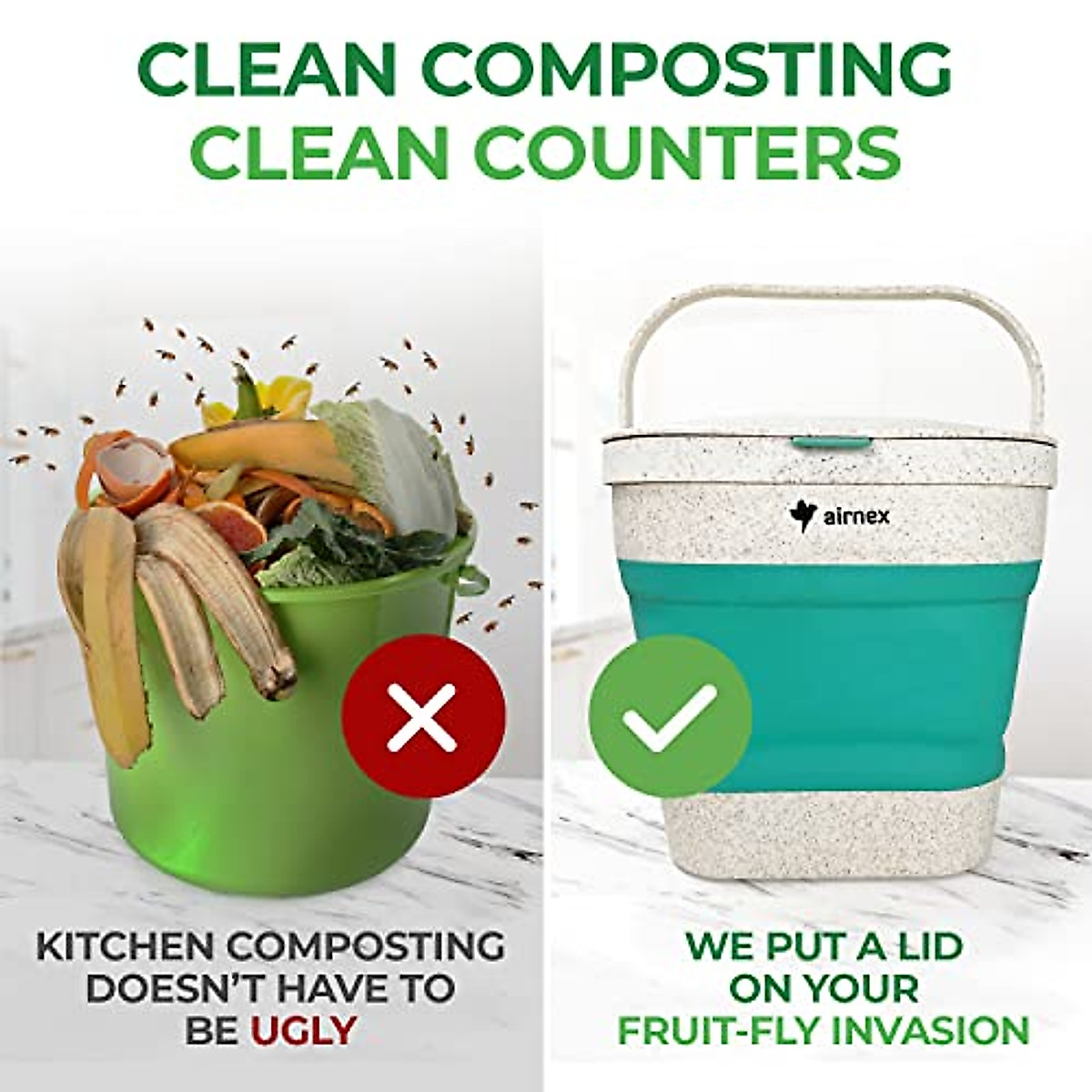 AIRNEX Countertop Compost Bin Kitchen Counter, Indoor Food Composter for Kitchen, Food Waste Bin for Kitchen Counter Top, Small Kitchen Compost Bucket Container, Mini Counter Food Scrap Bin with Lid
