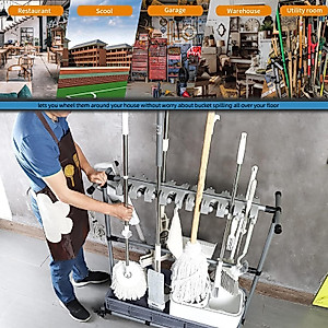 Broom and Mop Organizer Wall Hanging, Movable Commercial Multifunctional Cleaning Cart and Tool Organizer Drain Rack, 41.34x19.69x5.12 Inches Cleaning Cart Put Wet Mops for Garden Garage Organizer