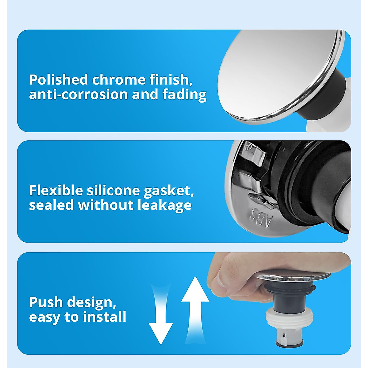 LukeTarp Polished Chrome 972098A Bathroom Sink Push & Seal Pop Up Drain Stopper Assembly,Part number is 35338-06XX,Sealed and Durable