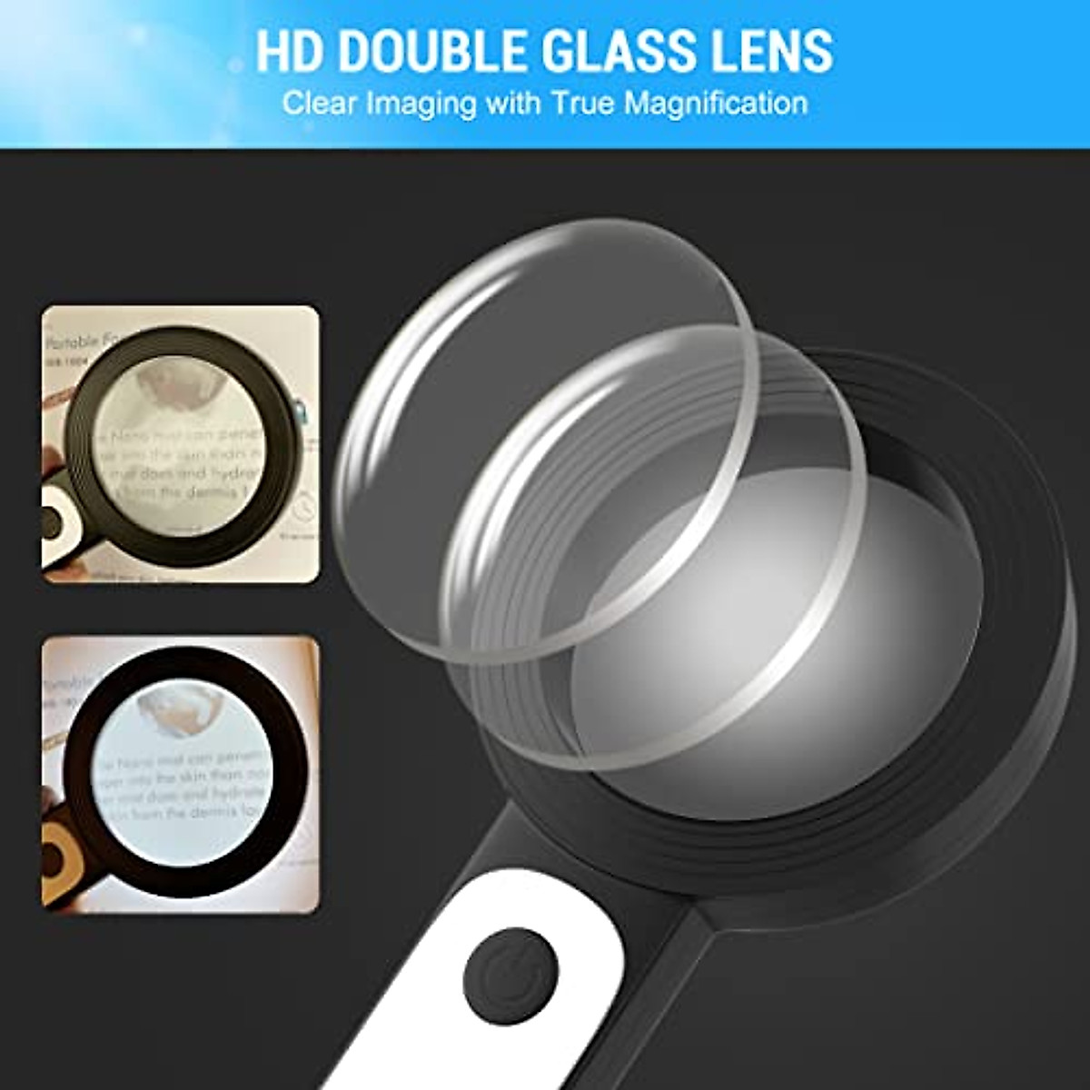 Magnifying Glass with 18LED Lights, 30X Handheld Large Illuminated Magnifier, Reading Magnifying Glass with for Seniors Read, Coins, Stamps, Map, Inspection, Macular Degeneration (Black