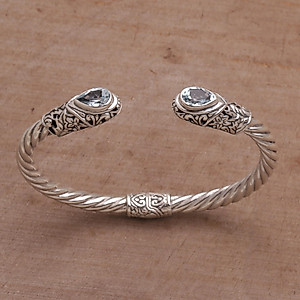 NOVICA Artisan Handmade Blue Topaz Cuff Bracelet Silver Floral from Bali Sterling Indonesia Birthstone 'Floral Iridescence'