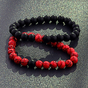 LeZisuIre CNLQ Long Distance Bracelets For Lovers Couples Matching Gift Matte Agate 8mm Bead Stone (Elastic Red) (Elastic Red)