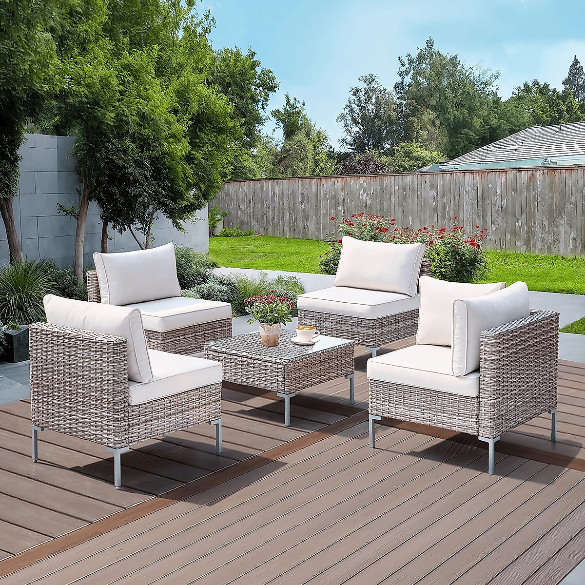 LuxaDomus Patio Furniture Set 5 Pieces, Outdoor Patio Conversation Set with Patio Table, Wicker Outdoor Sofa with Thickened Cushion, PE Rattan Outdoor Furniture Sectional Couch for Garden Backyard