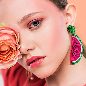 2 Pairs Fruit Watermelon Shape Drop Earrings Bohemian Seed Bead Earrings Handmade Beaded Dangle Studs Earrings for Women Girls Party Jewelry(Rose Red, Red)