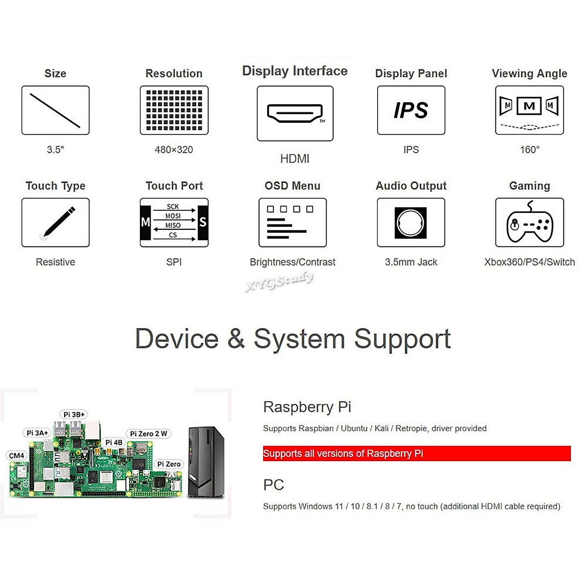 3.5inch Resistive Touch LCD HDMI Interface IPS Screen Display Resolution 480x320 for Raspberry Pi 4 3 2 Model B B+ A+ Raspbian Video Photo Supports Windows 11/10 / 8.1/8 / 7 @XYGStudy