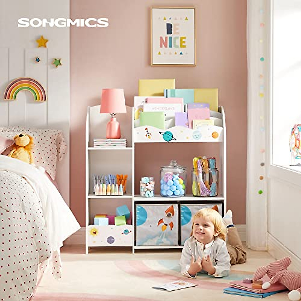 SONGMICS Toy and Book Organizer for Kids, Storage Unit with 2 Storage Boxes, for Playroom, Children’s Room, Living Room, White UGKR42WT