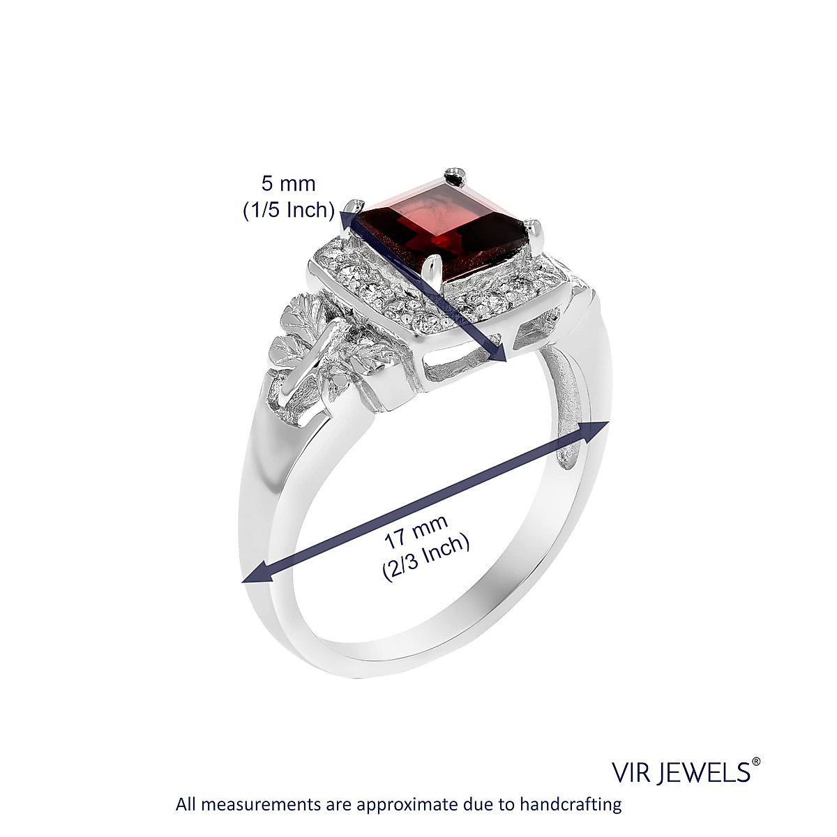 VIR JEWELS 0.60 cttw Garnet Ring .925 Sterling Silver with Rhodium Princess Shape 5 MM Size 5