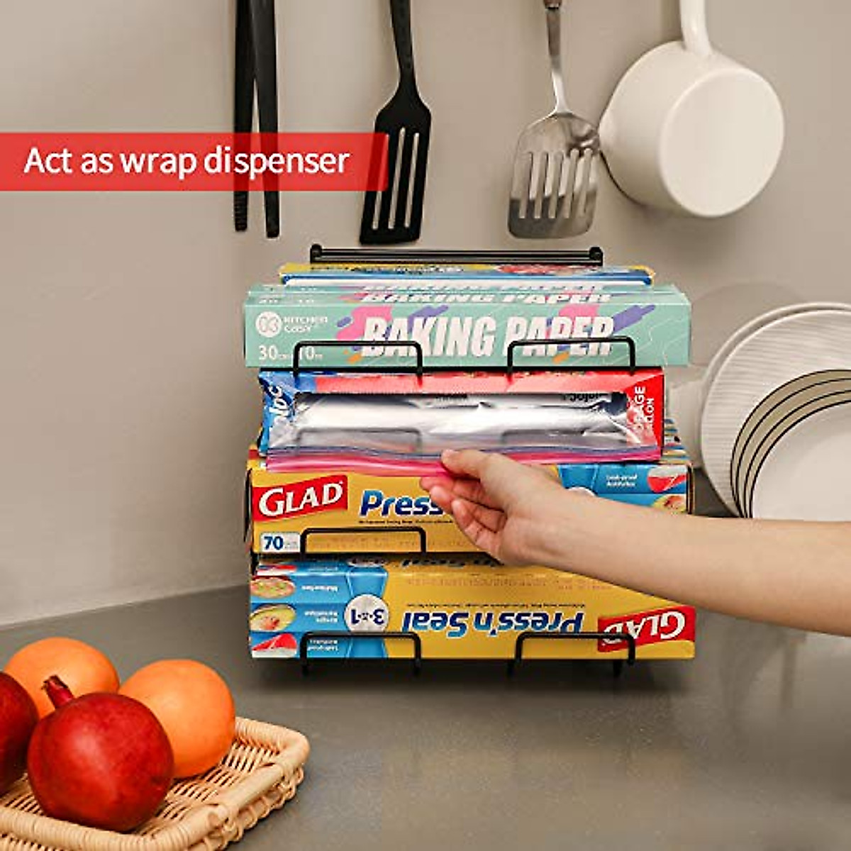 X-cosrack Upgrade Wrap Organizer Rack,Adjustable Wrap Box Organizer with 8 Wire Holders, Multifunctional Wrap Stand for Kitchen,Cabinets,Pantry,Black,Small(Patent Pending)