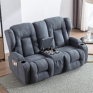 URRED Manual Recliner loveseat Chair with Console for Living Room Modern Manual-Pull Recliner Sofa Home Theater Lounge with Cup Holder,Storage for Home Theater Office (Blue-Grey Loveseat)
