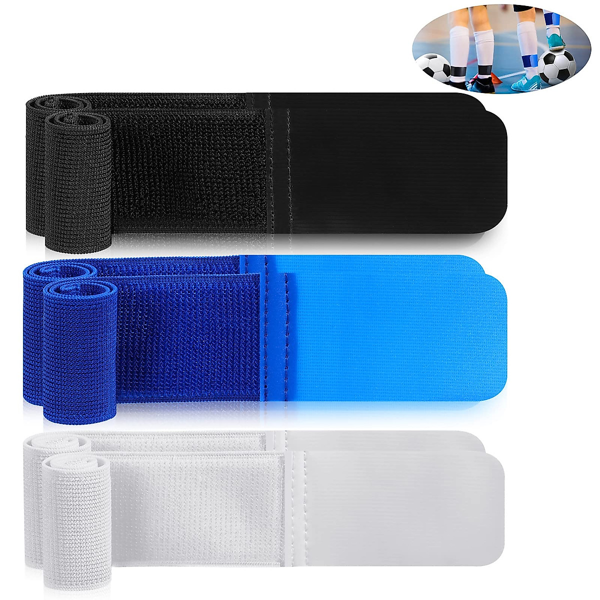 Vinsot 6 Pieces Soccer Shin Guard Strap Anti Slip Ankle Straps Football Sock Bands Legging Shin Fixed Straps Adjustable Sports Guard Stay for Youth Kicking Ball Running(Black,White,Blue,Large)