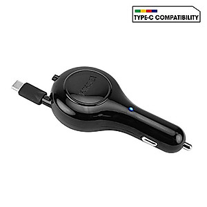 Cellet USB-C (Type-C) Retractable Car Charger, Fast Car Charger Compatible for Samsung Z Fold Z Flip Note 20 10 Galaxy S22 S21 S20 A71, A52, A51 LG Motorola Moto Google Pixel (USB-C 15 Watt)